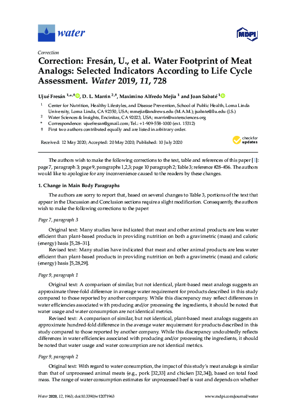 (PDF) Correction: Fresán, U., et al. Water Footprint of Meat Analogs ...