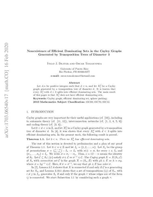 (PDF) Nonexistence of efficient dominating sets in the Cayley graphs generated by transposition ...