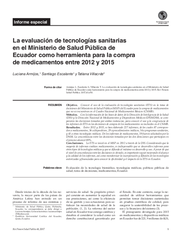 (PDF) La evaluación de tecnologías sanitarias en el Ministerio de Salud Pública de Ecuador como ...