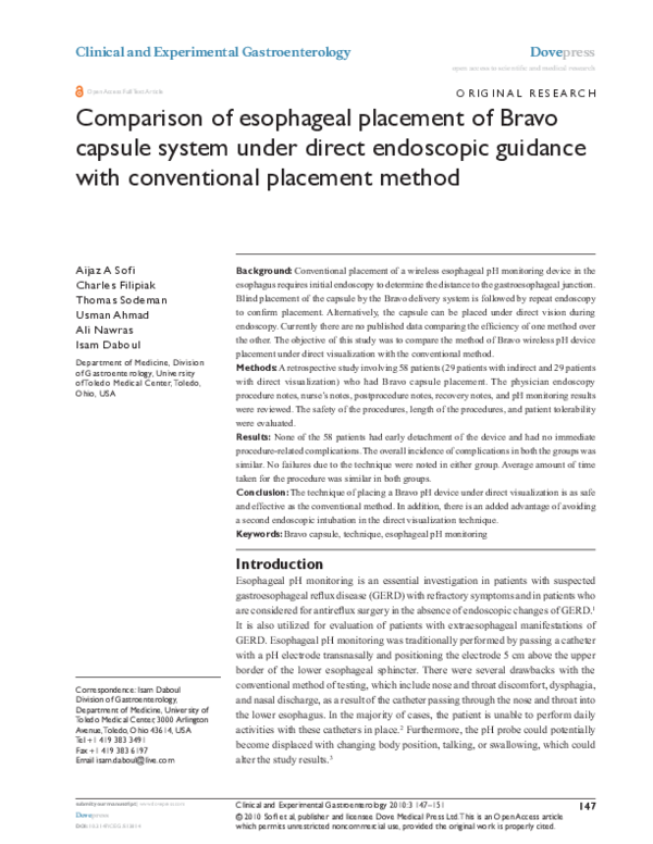 (PDF) Comparison of esophageal placement of Bravo capsule system under ...