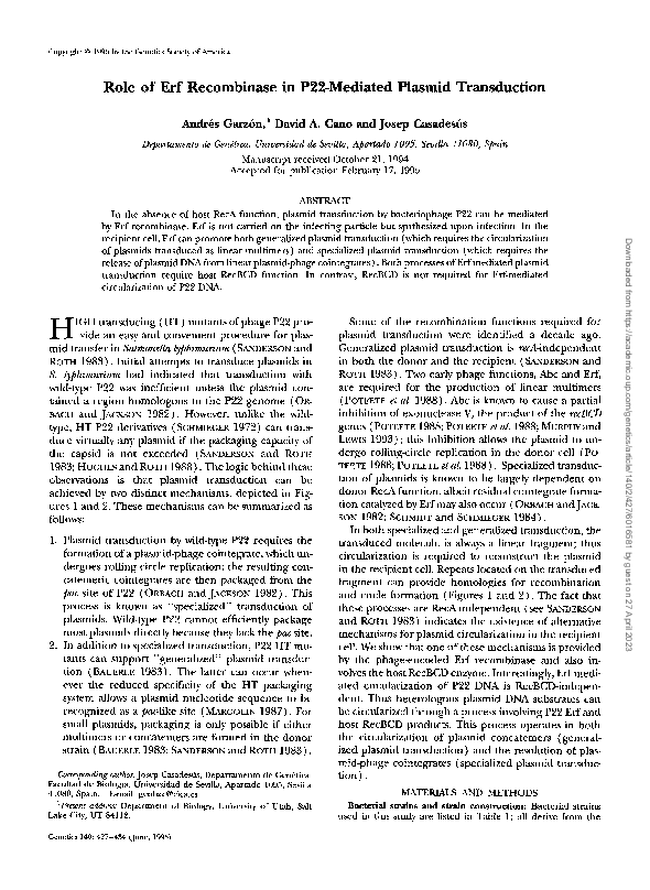 (PDF) Role of Erf recombinase in P22-mediated plasmid transduction