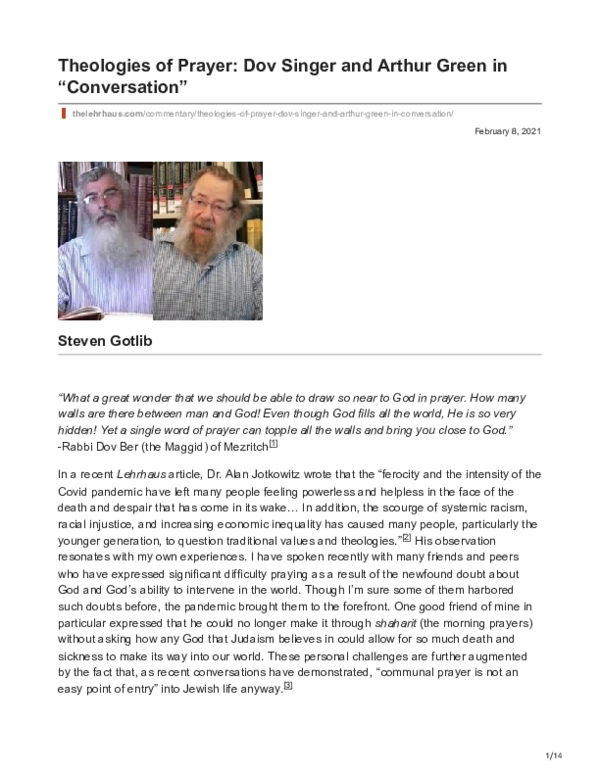 (PDF) Theologies of Prayer: Dov Singer and Arthur Green in ...