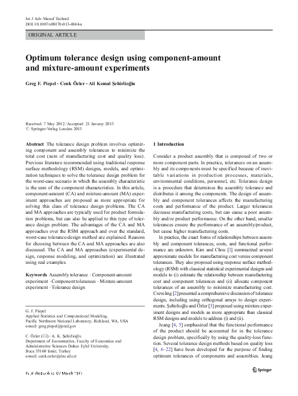 (PDF) Optimum tolerance design using component-amount and mixture-amount experiments
