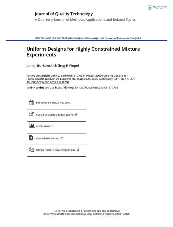 (PDF) Uniform Designs for Highly Constrained Mixture Experiments | Greg ...