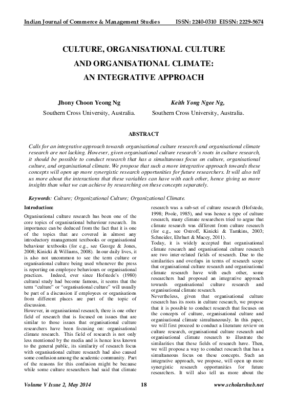 (PDF) Culture, Organisational Culture and Organisational Climate: An ...