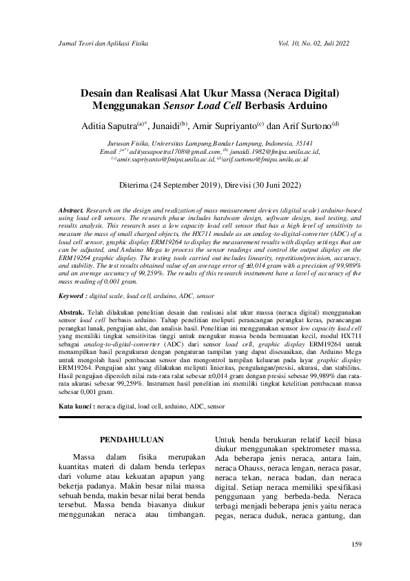 Pdf Desain Dan Realisasi Alat Ukur Massa Neraca Digital Menggunakan Sensor Load Cell