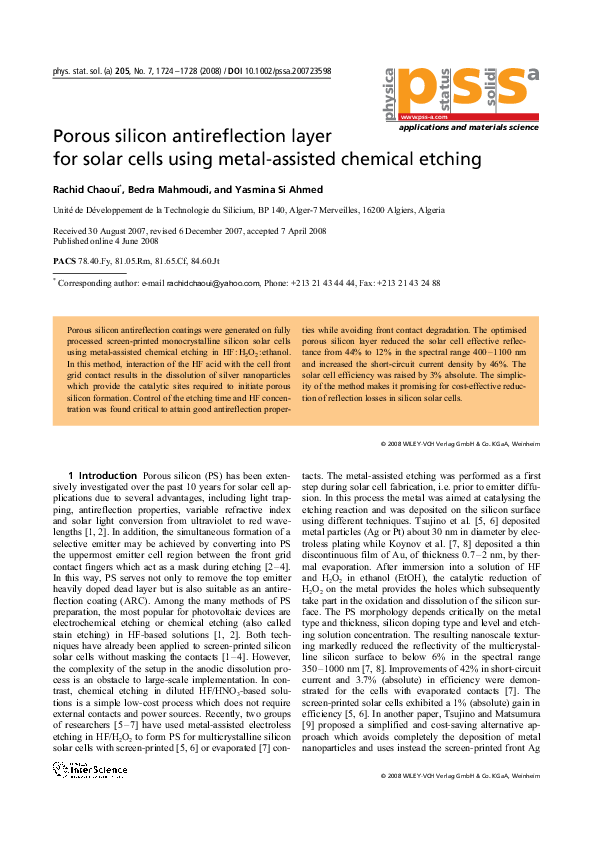(PDF) Porous silicon antireflection layer for solar cells using metal ...