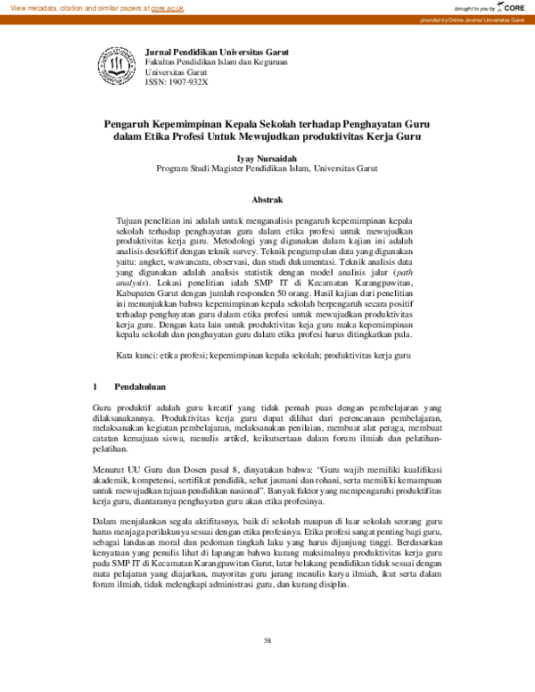(PDF) Pengaruh Kepemimpinan Kepala Sekolah terhadap Penghayatan Guru dalam Etika Profesi Untuk ...
