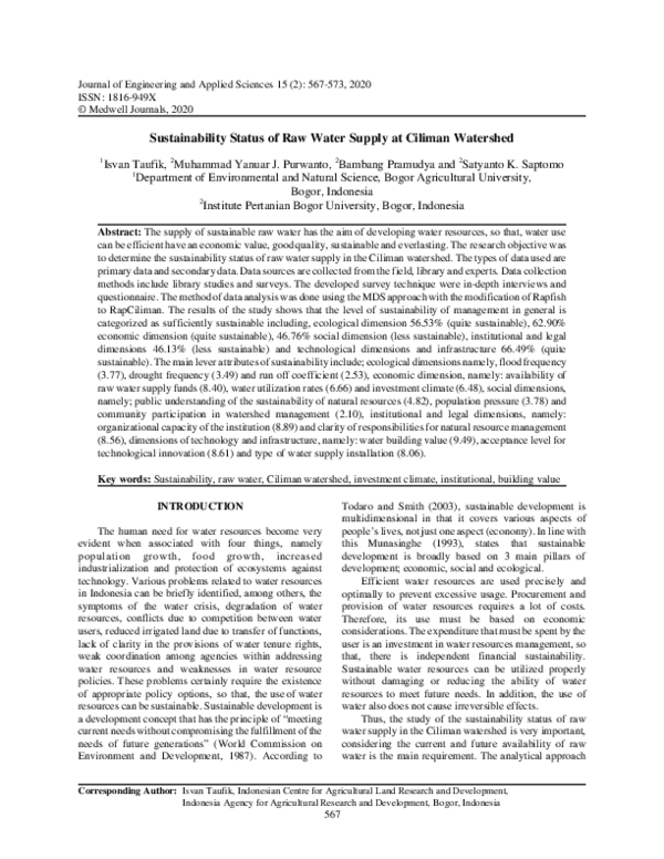 (PDF) Sustainability Status of Raw Water Supply at Ciliman Watershed