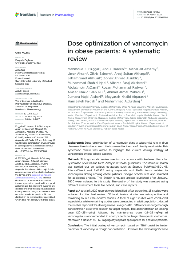 (PDF) Dose optimization of vancomycin in obese patients: A systematic ...