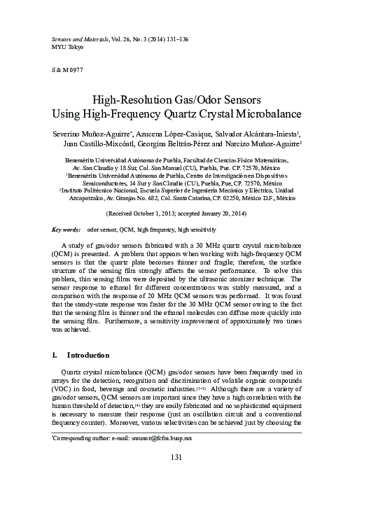 (PDF) High-Resolution Gas/Odor Sensors Using High-Frequency Quartz Crystal Microbalance