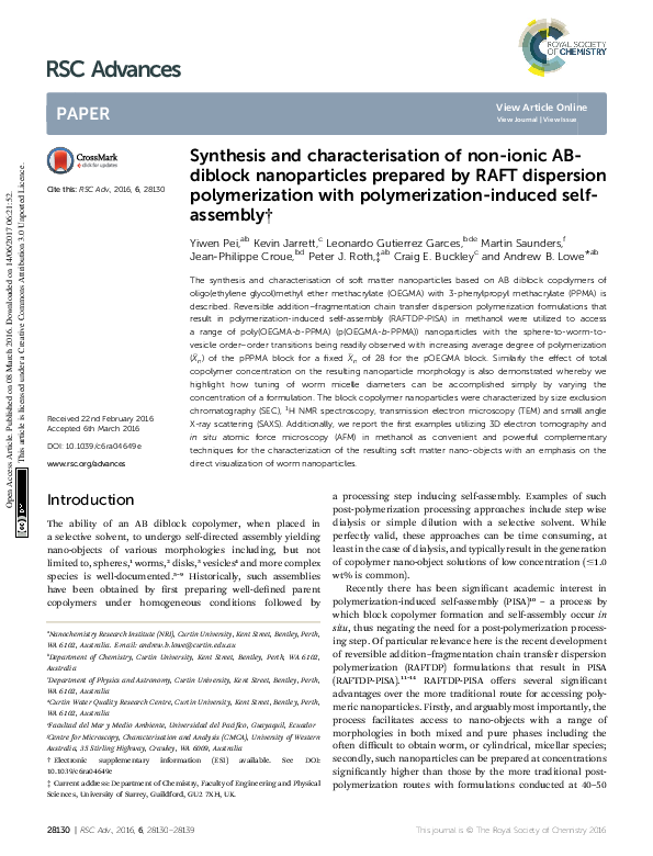 (PDF) Synthesis and characterisation of non-ionic AB-diblock nanoparticles prepared by RAFT ...