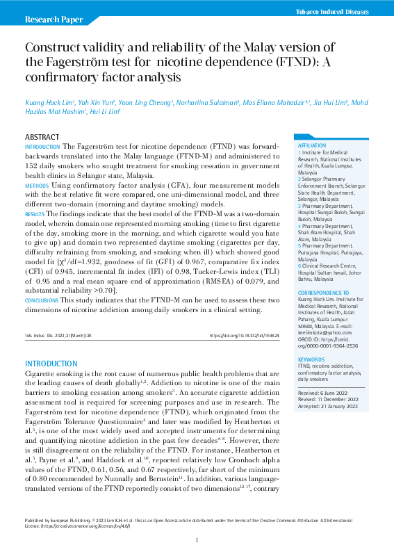 Pdf Construct Validity And Reliability Of The Malay Version Of The