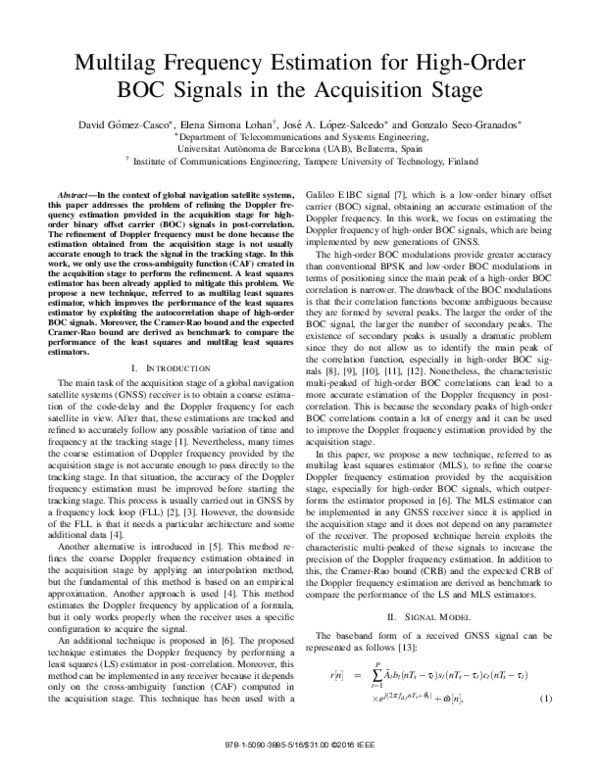 Pdf Multilag Frequency Estimation For High Order Boc Signals In The
