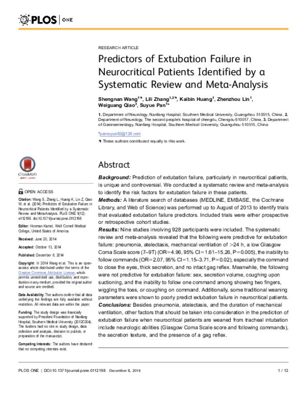 (PDF) Predictors of Extubation Failure in Neurocritical Patients ...