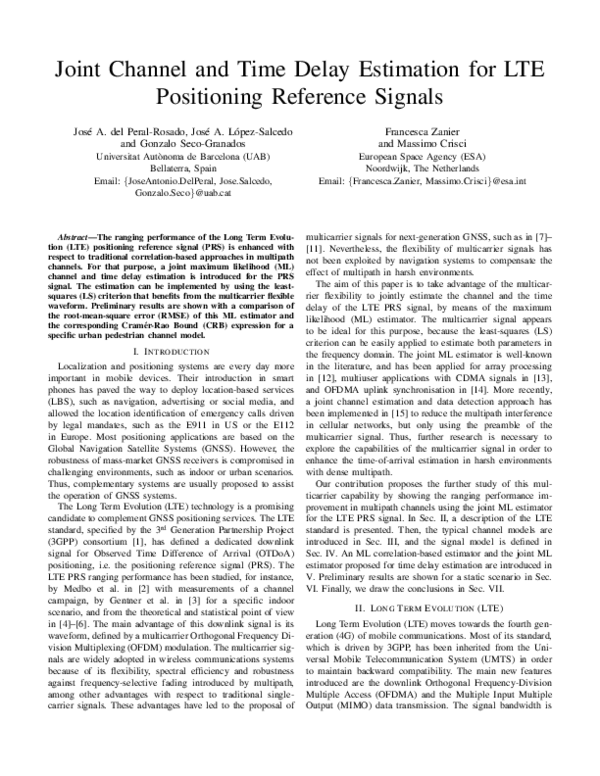 (PDF) Joint channel and time delay estimation for LTE positioning reference signals