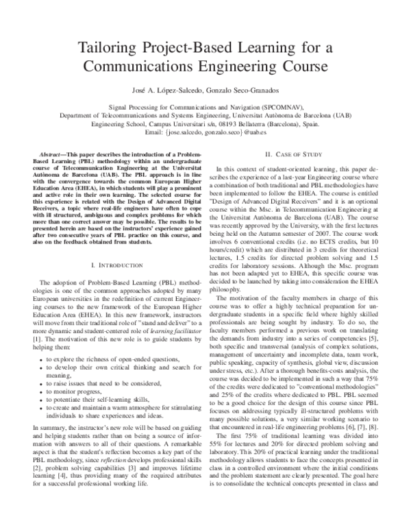 Pdf Tailoring Project Based Learning For A Communications Engineering