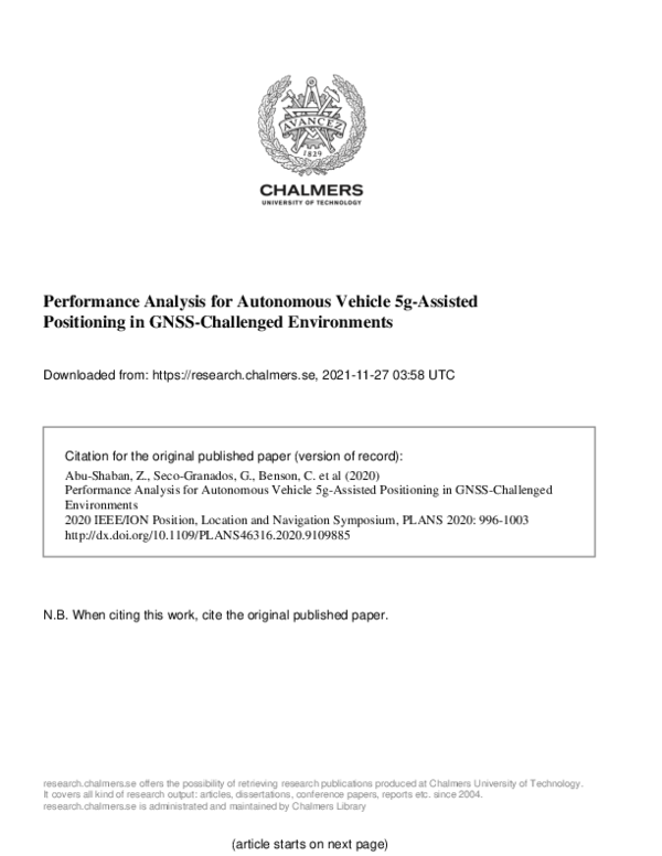 Pdf Performance Analysis For Autonomous Vehicle 5g Assisted Positioning In Gnss Challenged