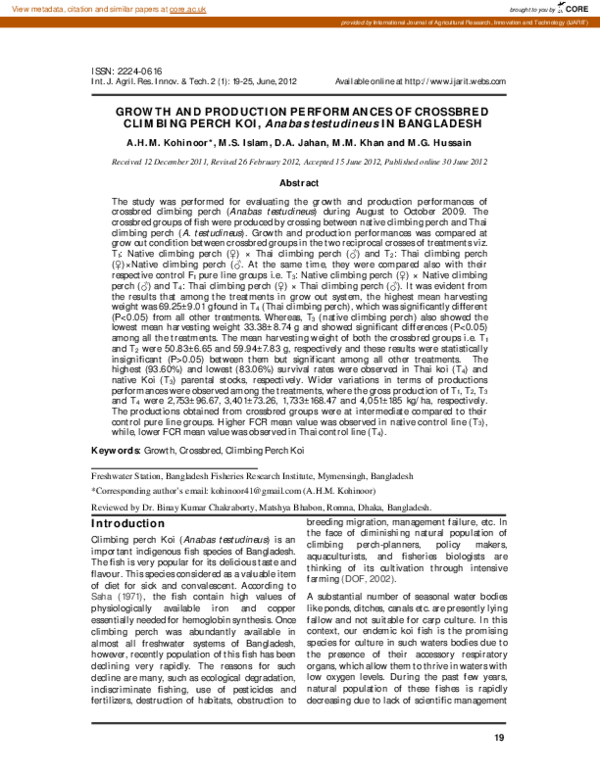 (PDF) Growth and Production Performances of Crossbred Climbing Perch ...