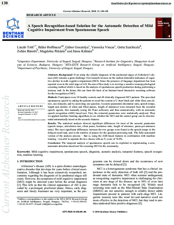 (PDF) A Speech Recognition-based Solution for the Automatic Detection of Mild Cognitive ...