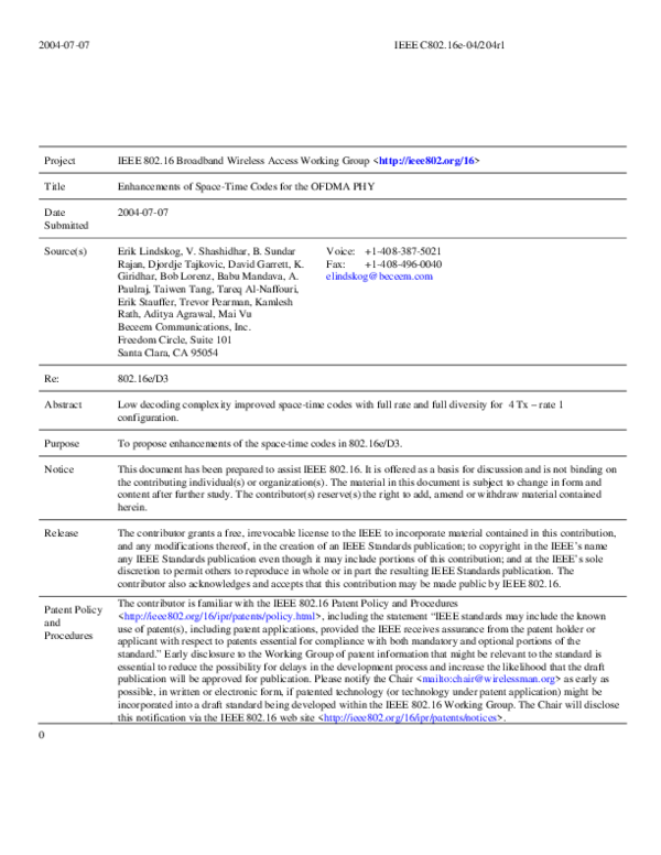 (PDF) Title Enhancements of Space-Time Codes for the OFDMA PHY Date Submitted | taiwen tang ...