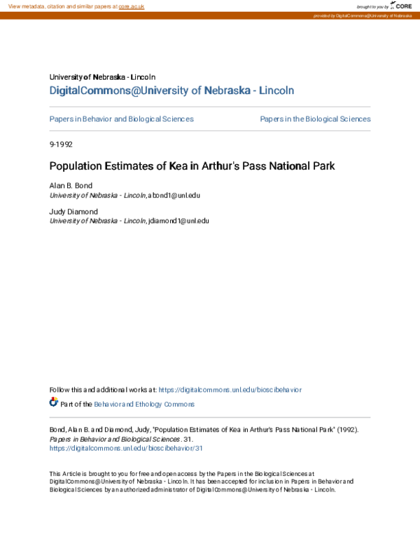 (PDF) Population Estimates of Kea in Arthur\u27s Pass National Park