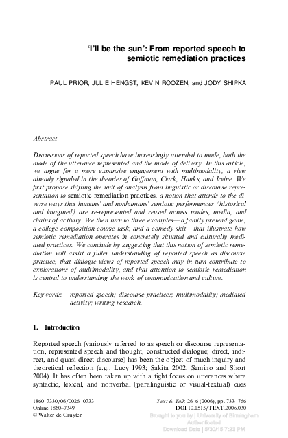 (PDF) ‘I’ll be the sun': From reported speech to semiotic remediation ...