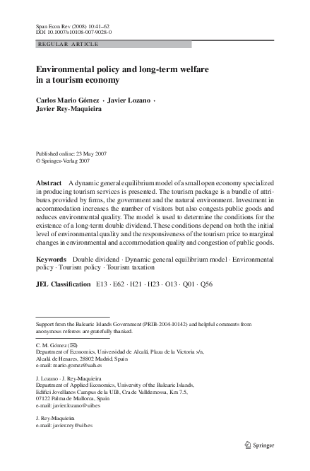 (PDF) Environmental policy and long-term welfare in a tourism economy