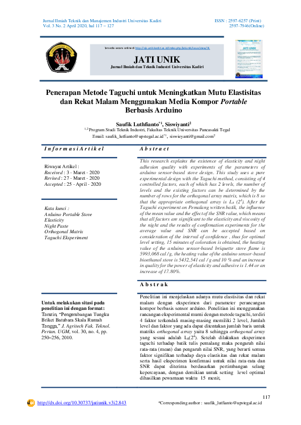 (PDF) Penerapan Metode Taguchi untuk Meningkatkan Mutu Elastisitas dan ...