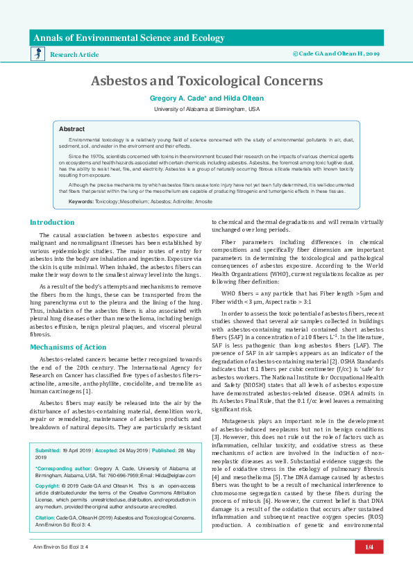(PDF) Asbestos and Toxicological Concerns | Gregory Cade - Academia.edu