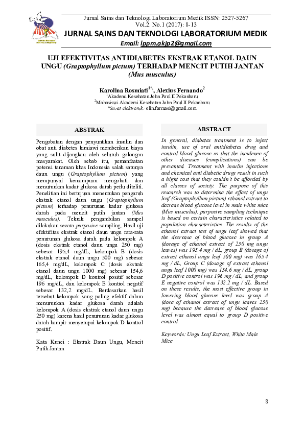 (PDF) UJI EFEKTIVITAS ANTIDIABETES EKSTRAK ETANOL DAUN UNGU ...