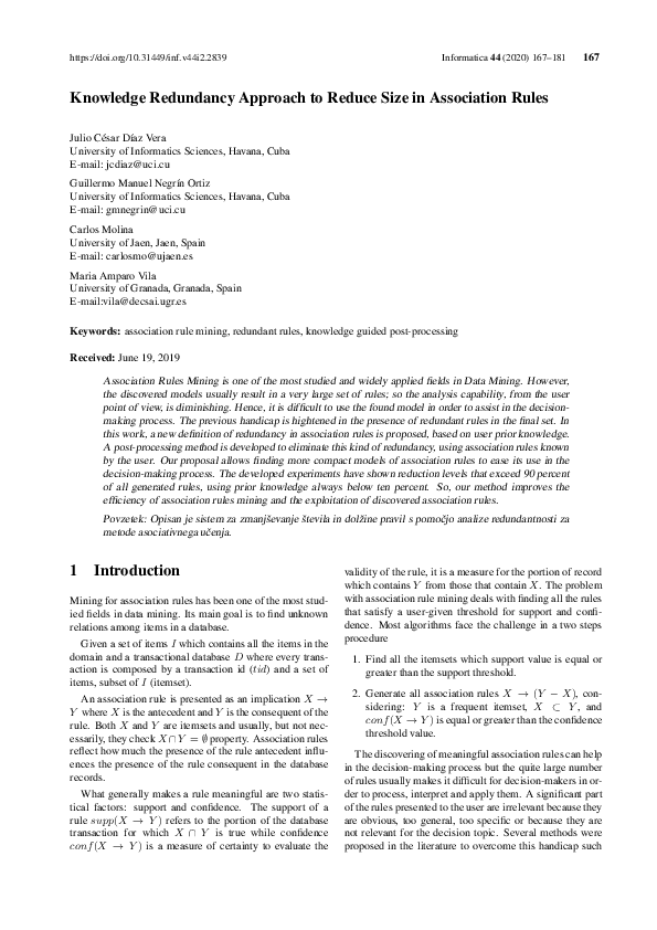 (PDF) Knowledge redundancy approach to reduce size in association rules