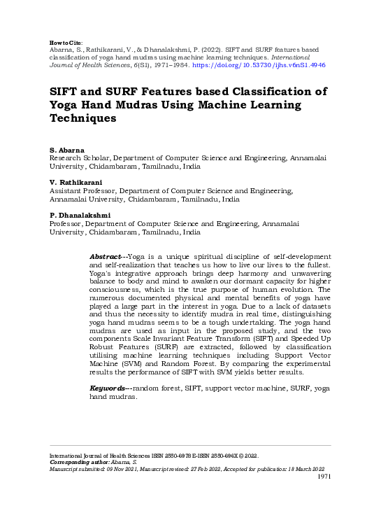 (PDF) SIFT and SURF features based classification of yoga hand mudras using machine learning ...