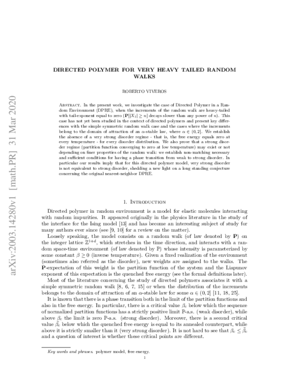 (PDF) Directed polymer for very heavy tailed random walks