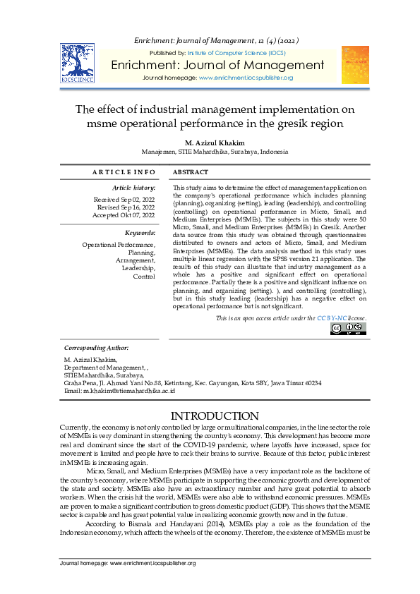(PDF) The effect of industrial management implementation on msme ...