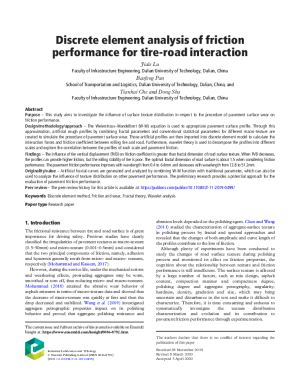 Pdf Discrete Element Analysis Of Friction Performance For Tire Road Interaction