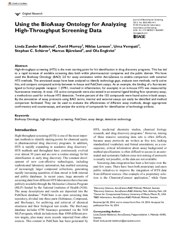 (PDF) Using the BioAssay Ontology for Analyzing High-Throughput Screening Data