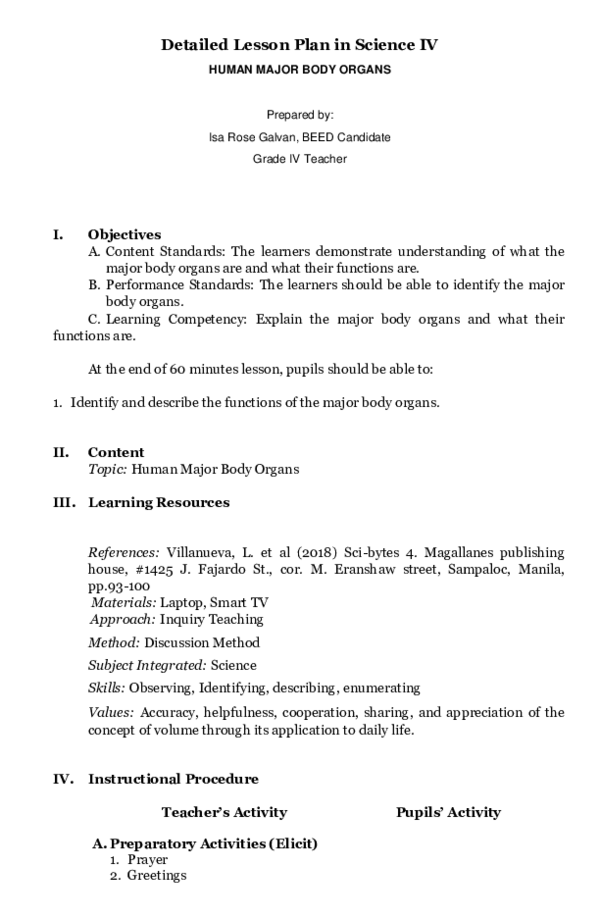 (PDF) Detailed Lesson Plan in Science IV HUMAN MAJOR BODY ORGANS