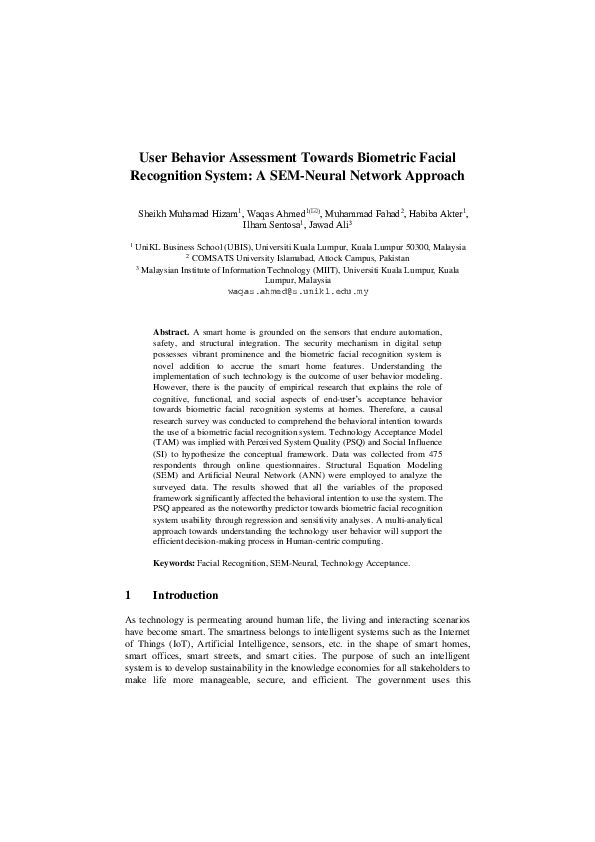 (PDF) User Behavior Assessment Towards Biometric Facial Recognition System: A SEM-Neural Network ...