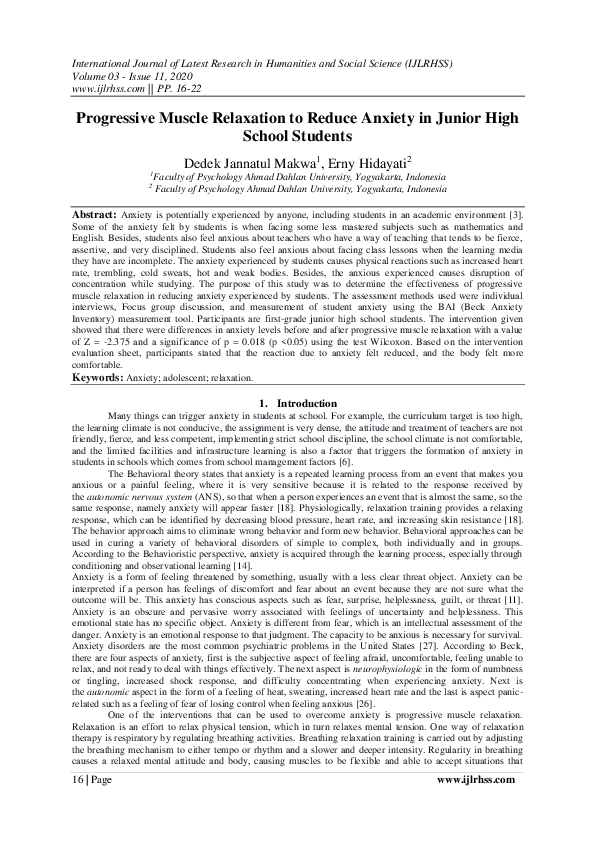 (PDF) Progressive Muscle Relaxation to Reduce Anxiety in Junior High ...