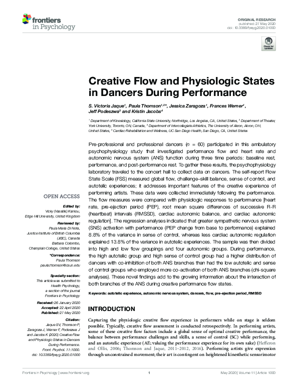 (PDF) Creative Flow and Physiologic States in Dancers During Performance