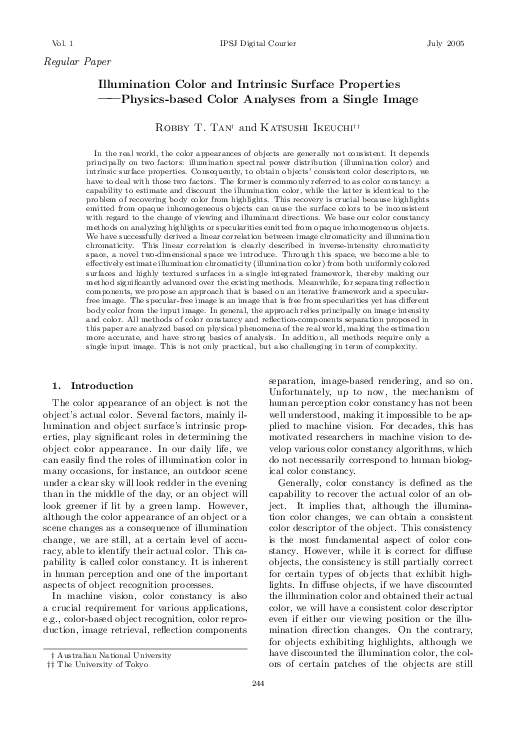 (PDF) Illumination Color and Intrinsic Surface Properties —Physics-based Color Analyses from a ...