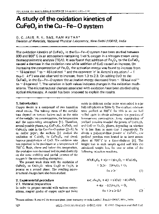 (PDF) A study of the oxidation kinetics of CuFeO2 in the Cu-Fe-O system