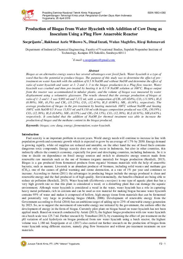 (PDF) Production of Biogas from Water Hyacinth with Addition of Cow Dung as Inoculum Using a ...