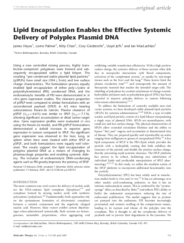 (PDF) Lipid Encapsulation Enables the Effective Systemic Delivery of ...