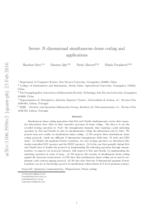 (PDF) Secure N-dimensional simultaneous dense coding and applications