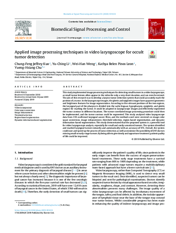 (PDF) Applied image processing techniques in video laryngoscope for occult tumor detection
