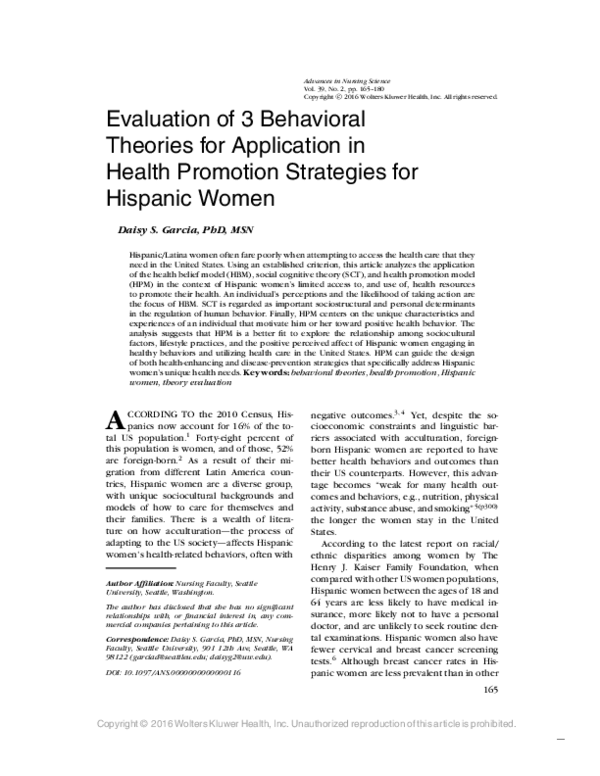 Pdf Evaluation Of 3 Behavioral Theories For Application In Health Promotion Strategies For