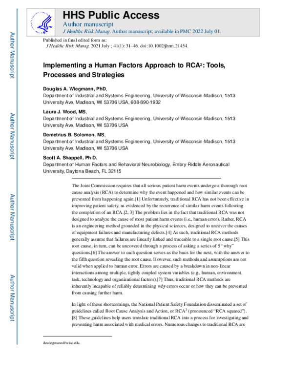 (PDF) Implementing a human factors approach to RCA2: Tools, processes ...
