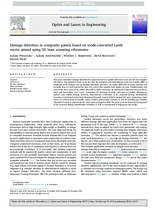 (PDF) Damage detection in composite panels based on mode-converted Lamb waves sensed using 3D ...